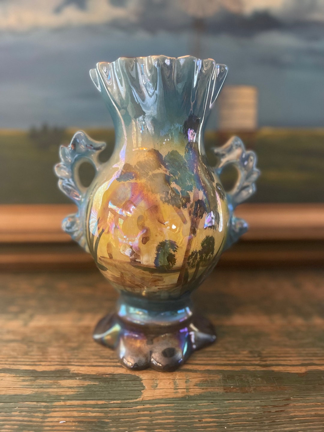 Vintage Blue Lusterware Hand-painted Vase With Handles - Etsy