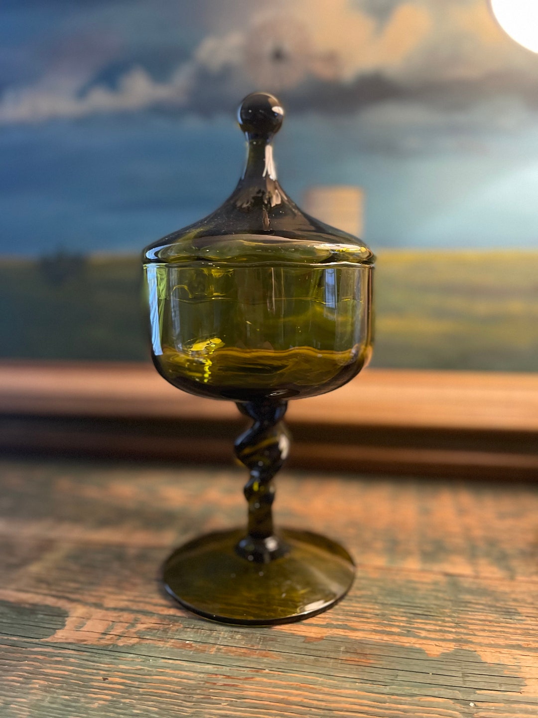 Vintage Olive Green Empoli Lidded Candy Dish/apothecary Jar With Twist ...