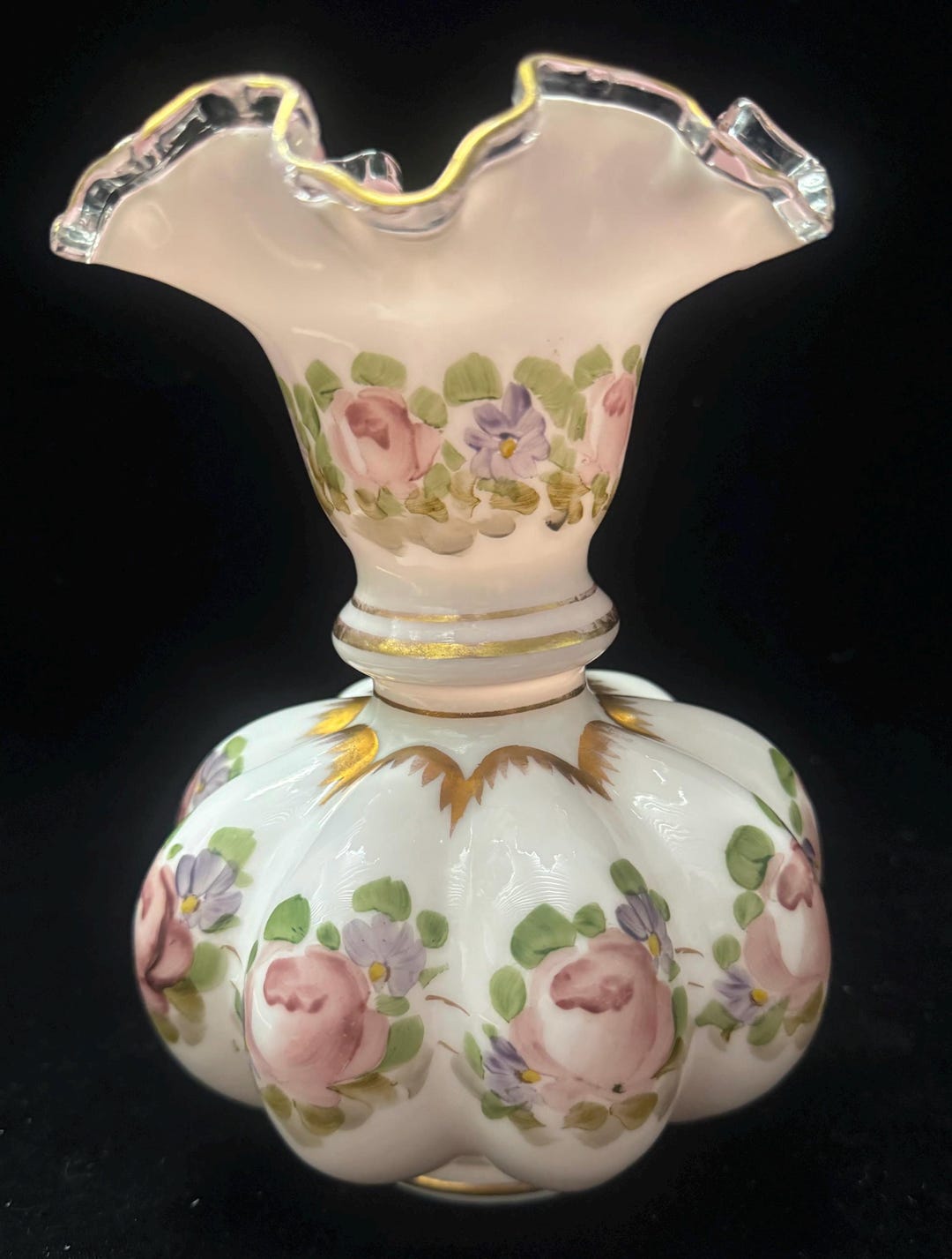 Vintage 1940’s Fenton Charleton Pink With Gold Trim Ruffled Melon Vase ...