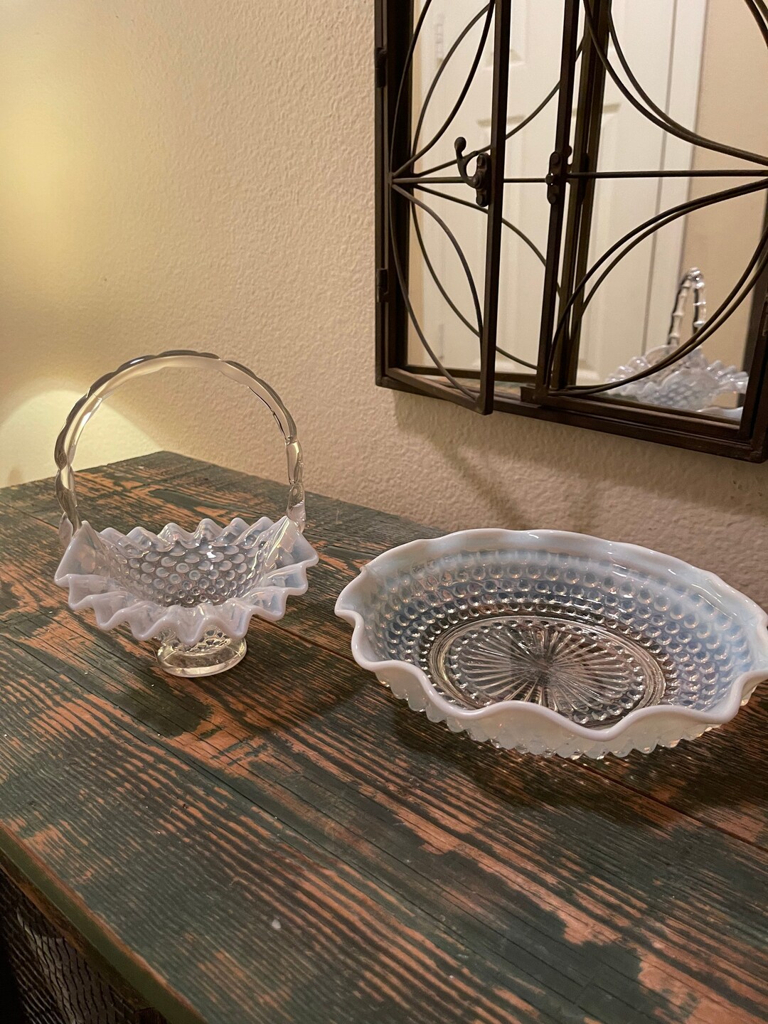 Vintage Fenton Opalescent Moonstone Hobnail Basket and Candy/trinket ...