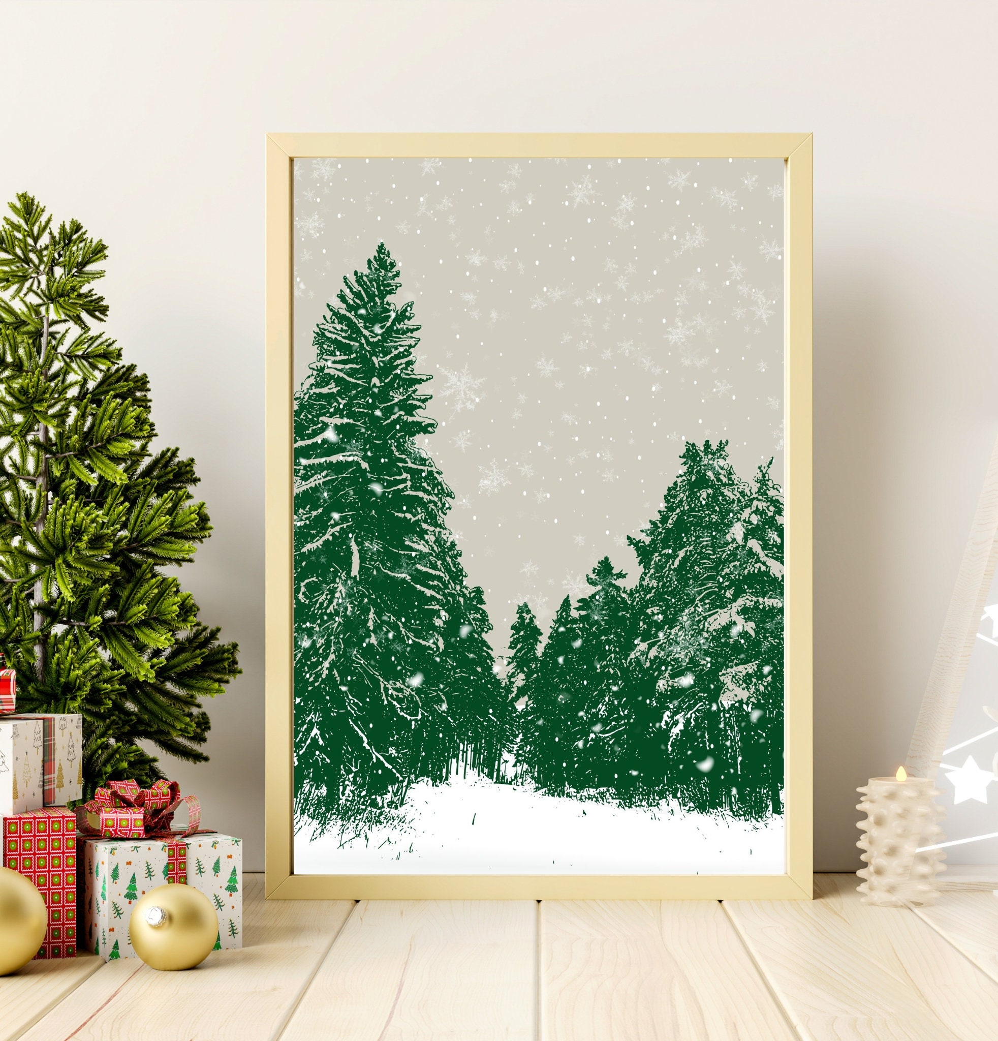 Christmas Pine Tree Forest Printable Art Snowy Christmas - Etsy