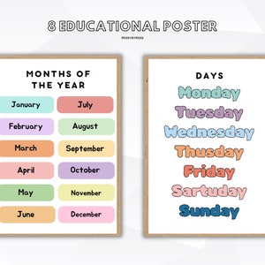 Set of 8 Educational Printables Poster, Classroom Wall Art, Alphabet ...