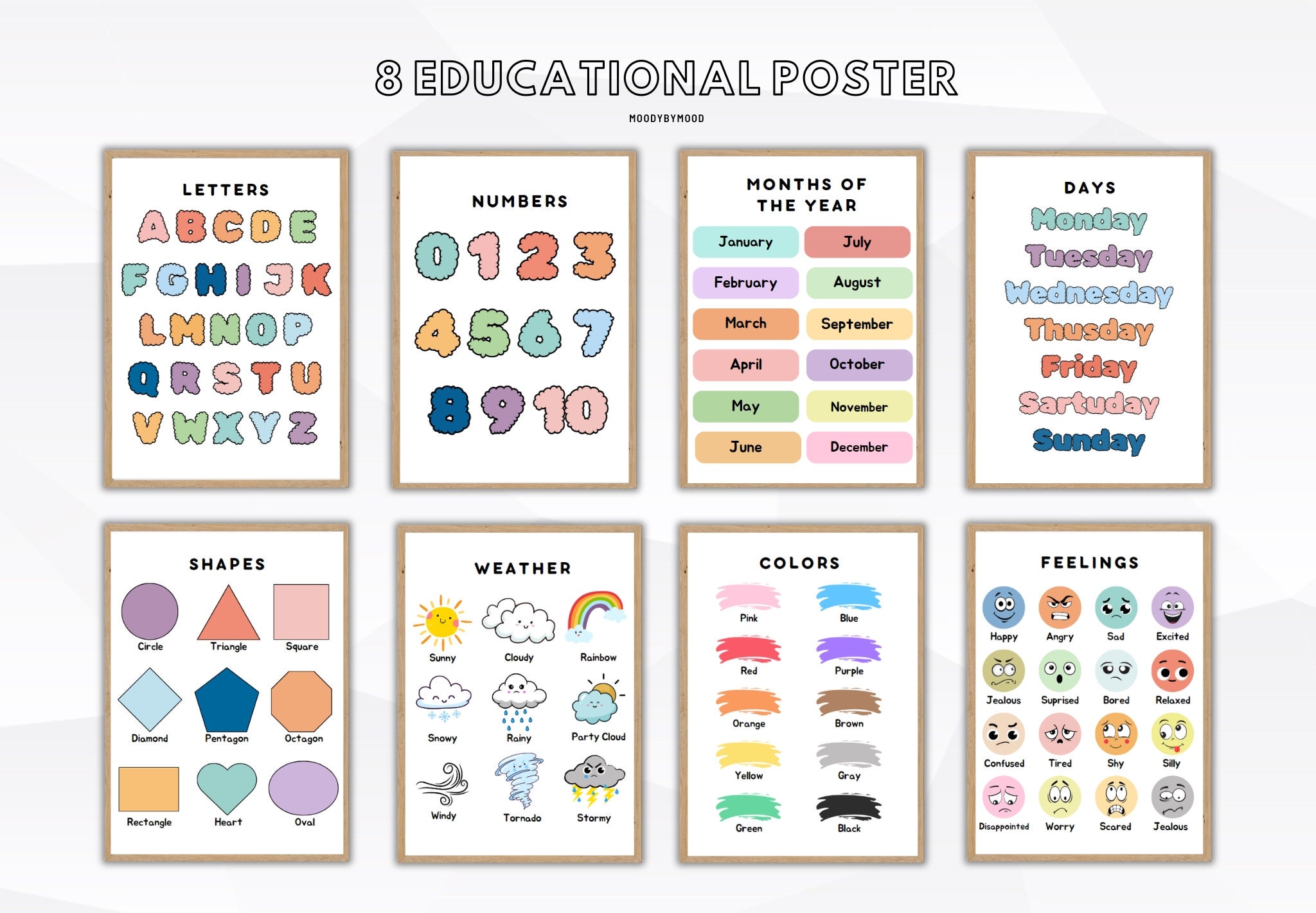 Set of 8 Educational Printables Poster, Classroom Wall Art, Alphabet ...