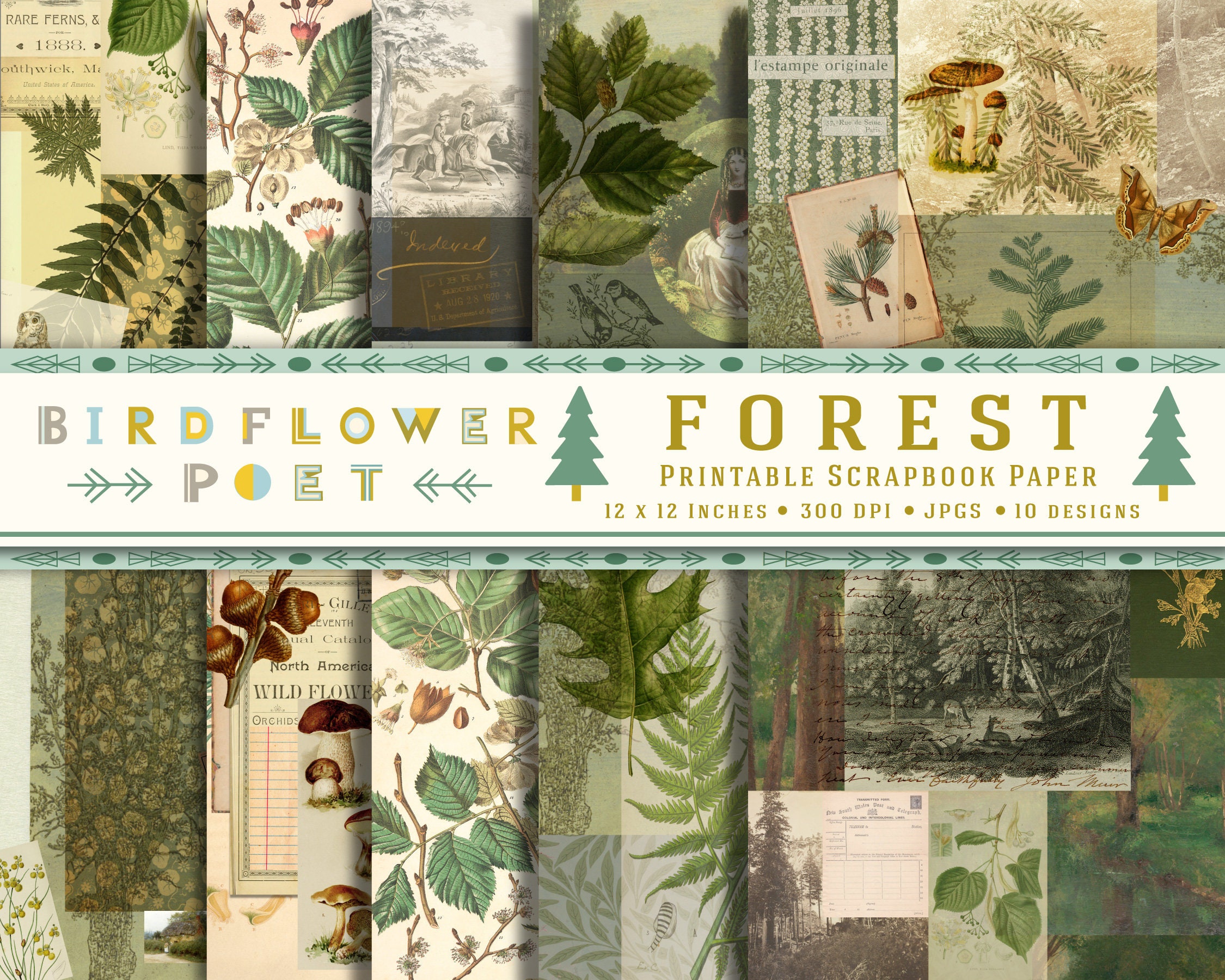 Forest Printable Scrapbook Paper With Leaves Ferns Trees - Etsy