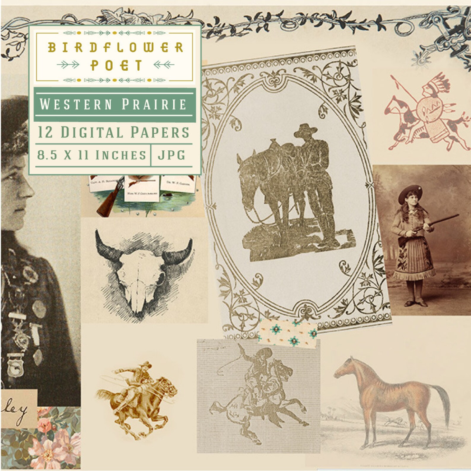 Old West Scrapbook Paper With Cowboys, Indians, WESTERN PRAIRIE by ...