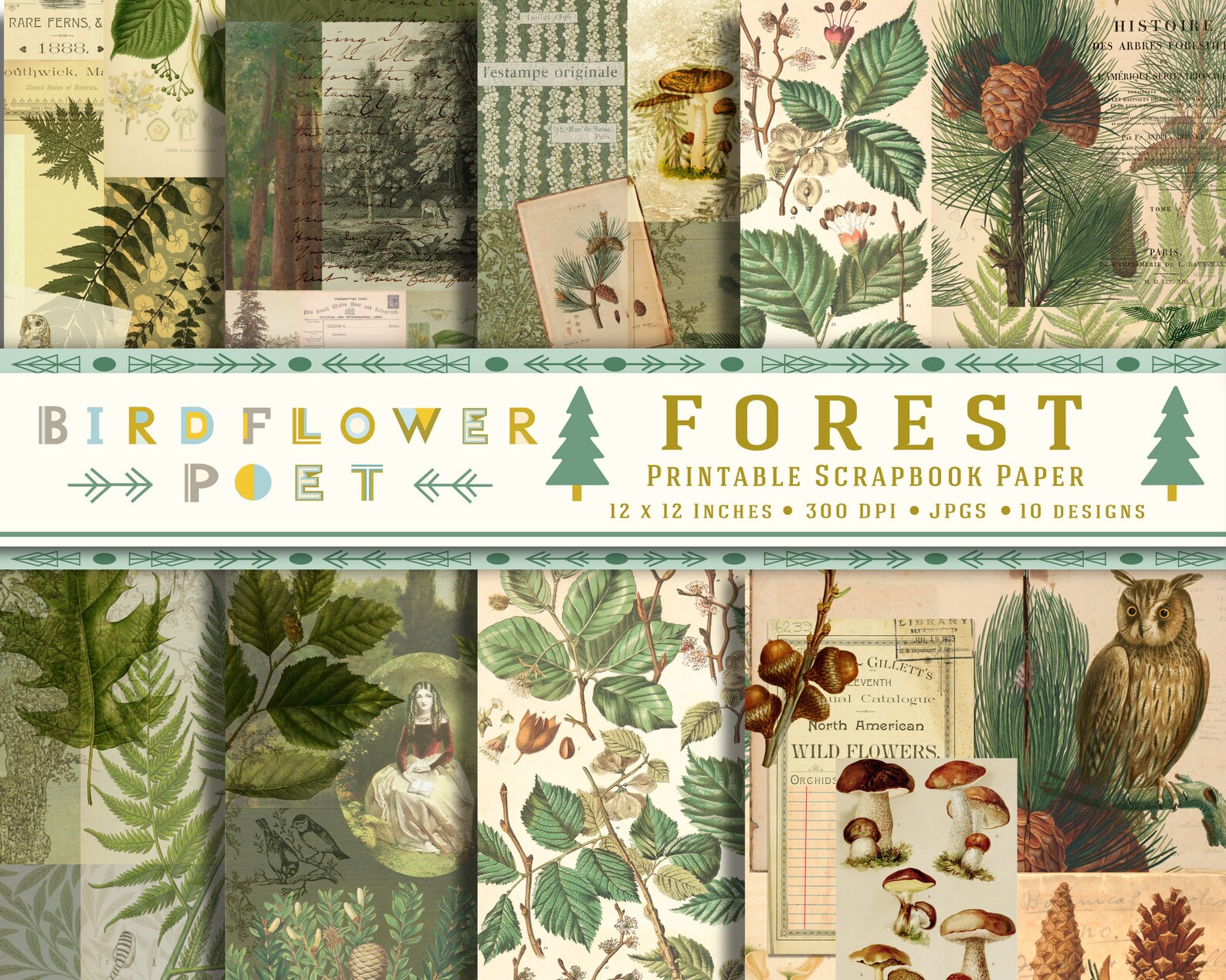 Forest Printable Scrapbook Paper With Leaves Ferns Trees - Etsy