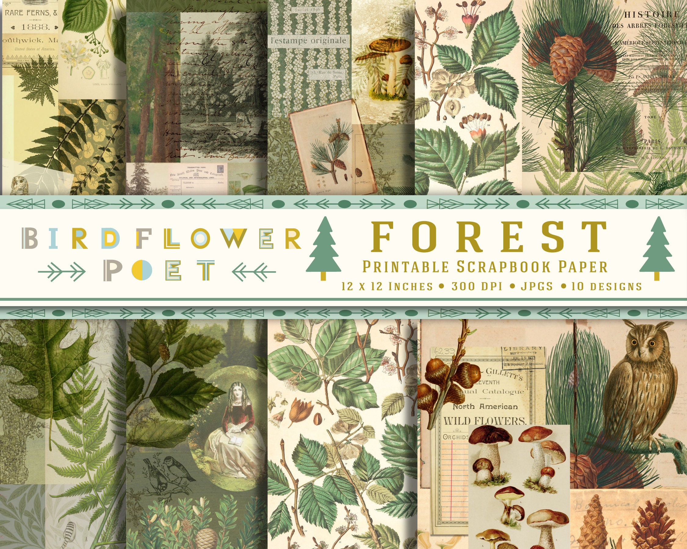 Forest Printable Scrapbook Paper With Leaves Ferns Trees - Etsy