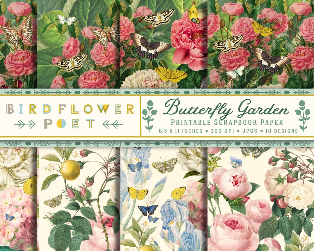 Butterfly Garden Printable Scrapbook Paper Botanical Digital - Etsy