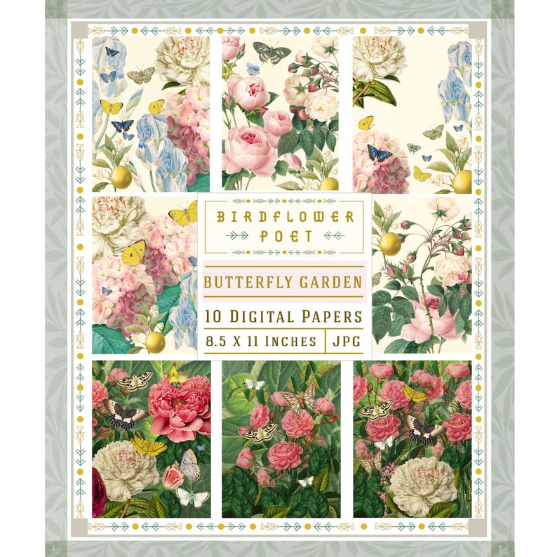 Butterfly Garden Printable Scrapbook Paper, Botanical Digital Papers ...