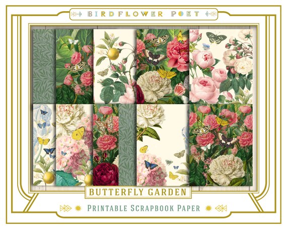 Butterfly Garden printable scrapbook paper Botanical Digital | Etsy