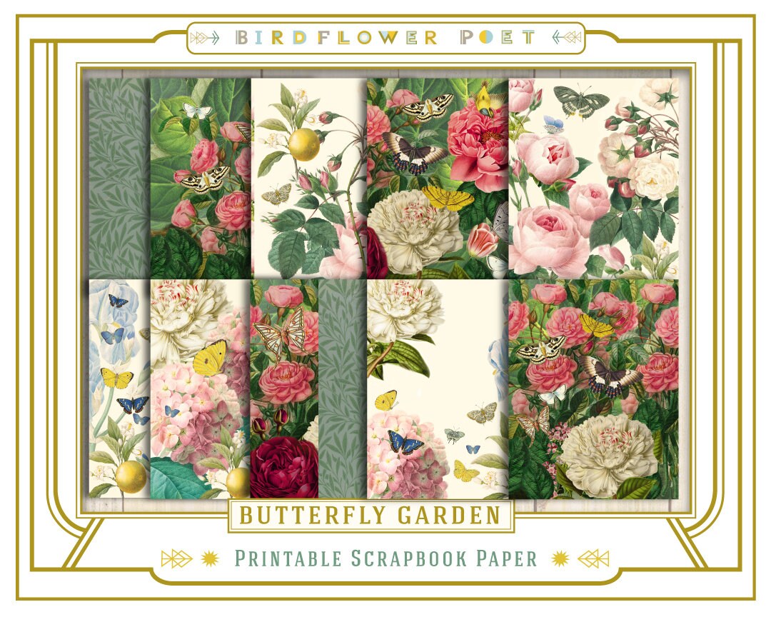 Butterfly Garden Printable Scrapbook Paper Botanical Digital - Etsy