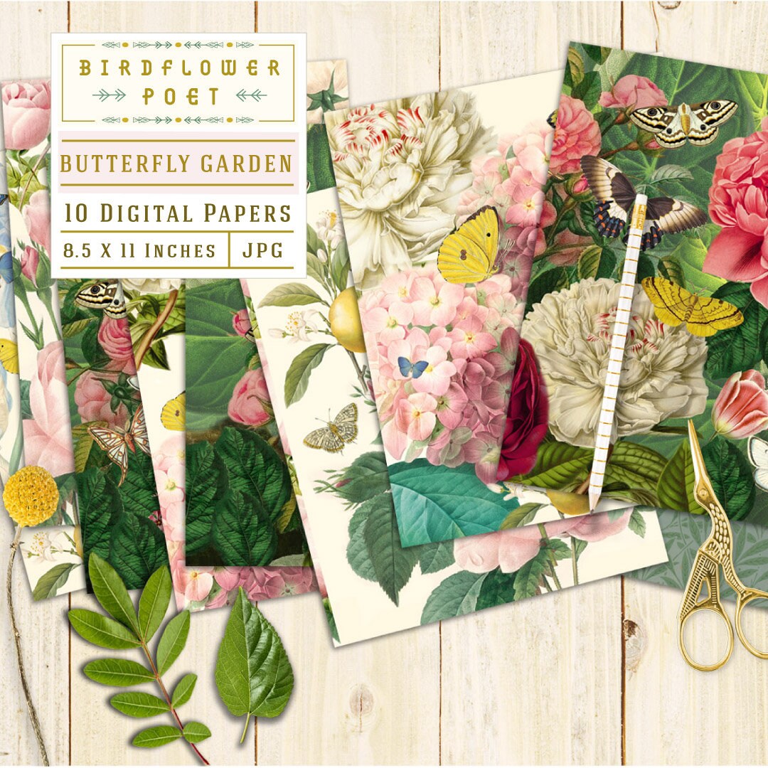 Butterfly Garden Printable Scrapbook Paper, Botanical Digital Papers ...
