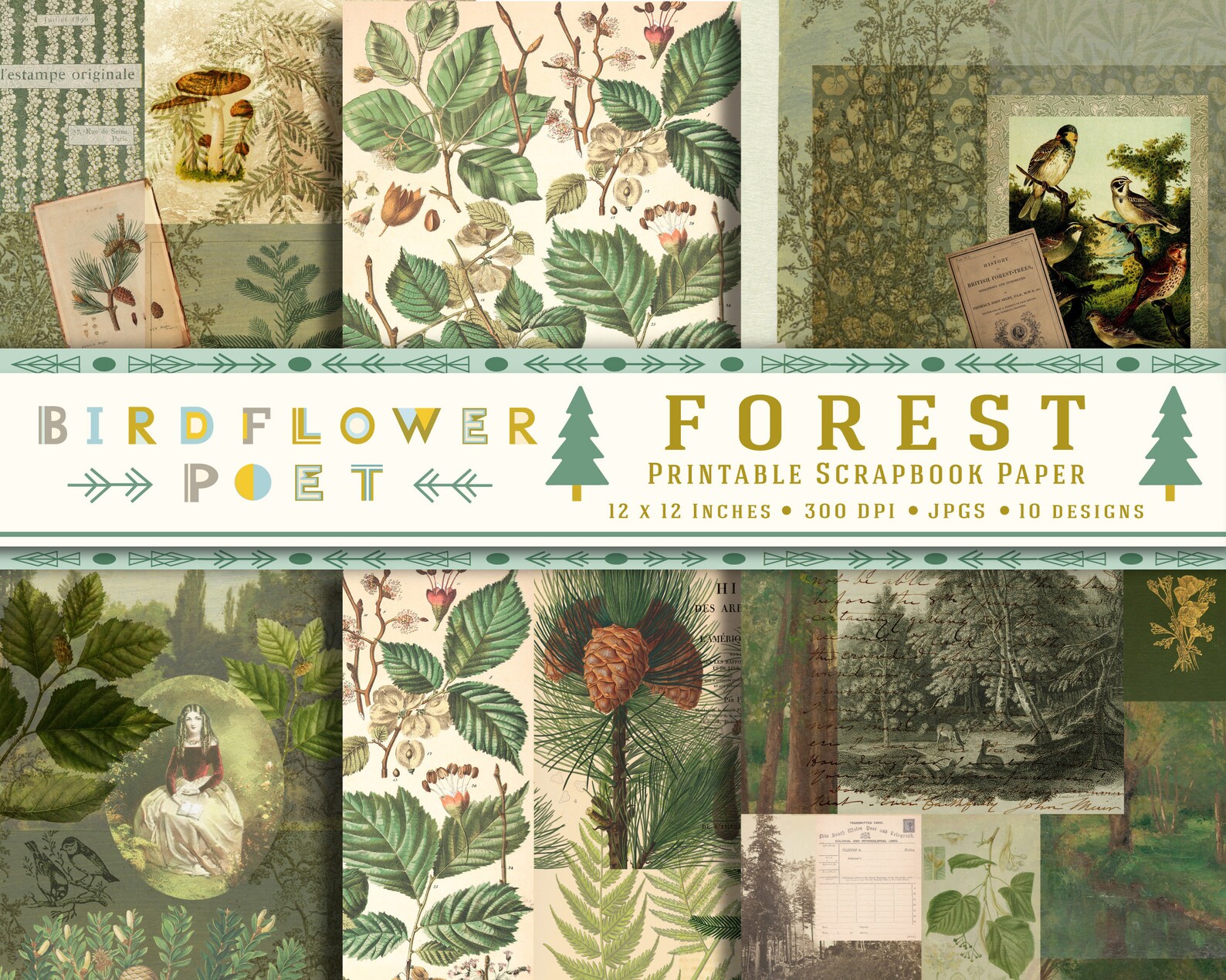 Forest Printable Scrapbook Paper With Leaves Ferns Trees - Etsy