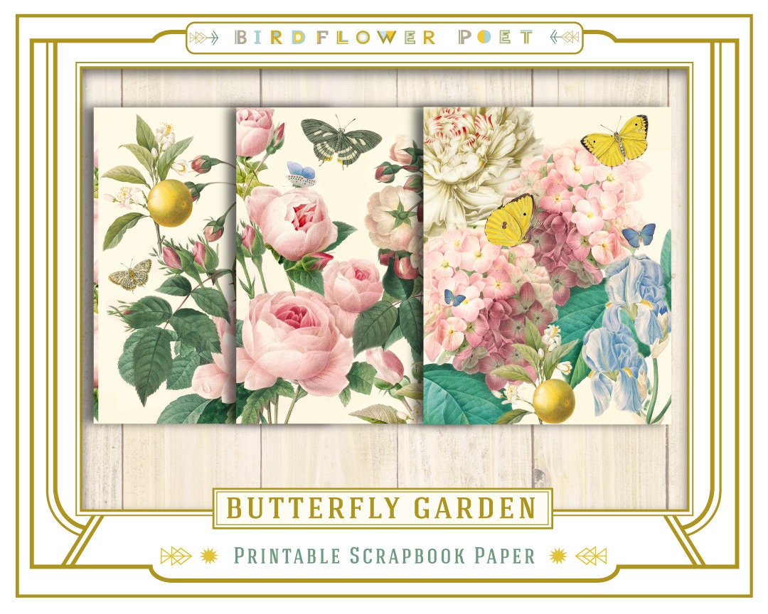 Butterfly Garden Printable Scrapbook Paper Botanical Digital - Etsy