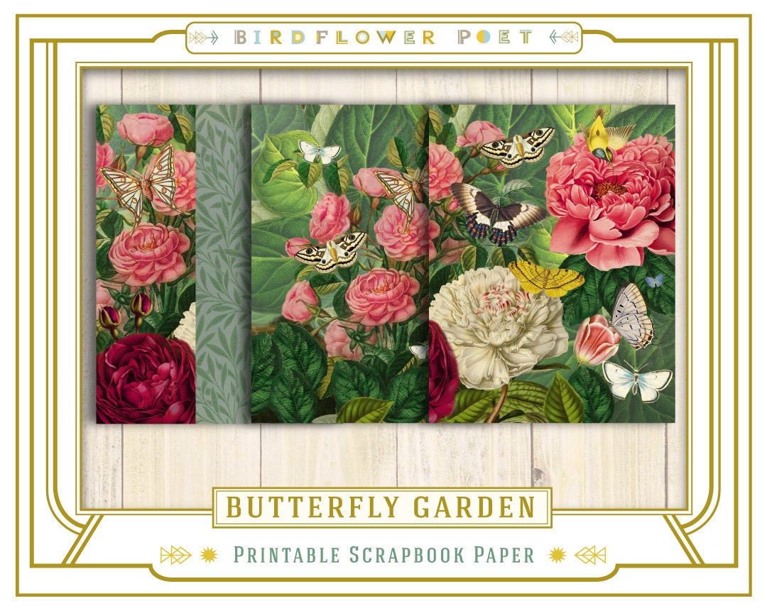 Butterfly Garden Printable Scrapbook Paper Botanical Digital - Etsy