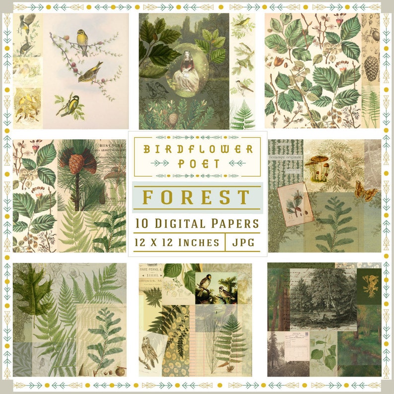 Forest Printable Scrapbook Paper With Leaves, Ferns, Trees, Mushrooms ...