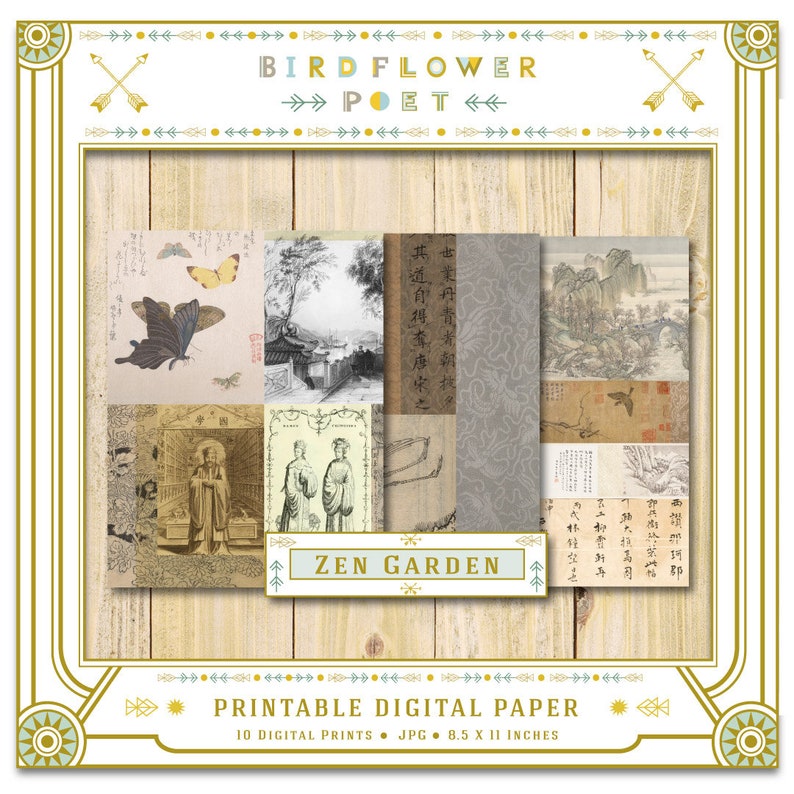 Zen Garden Printable Scrapbook Paper, Digital Papers, Chinese and ...