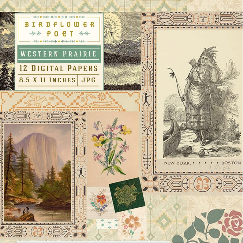 Old West Scrapbook Paper With Cowboys, Indians, WESTERN PRAIRIE by ...