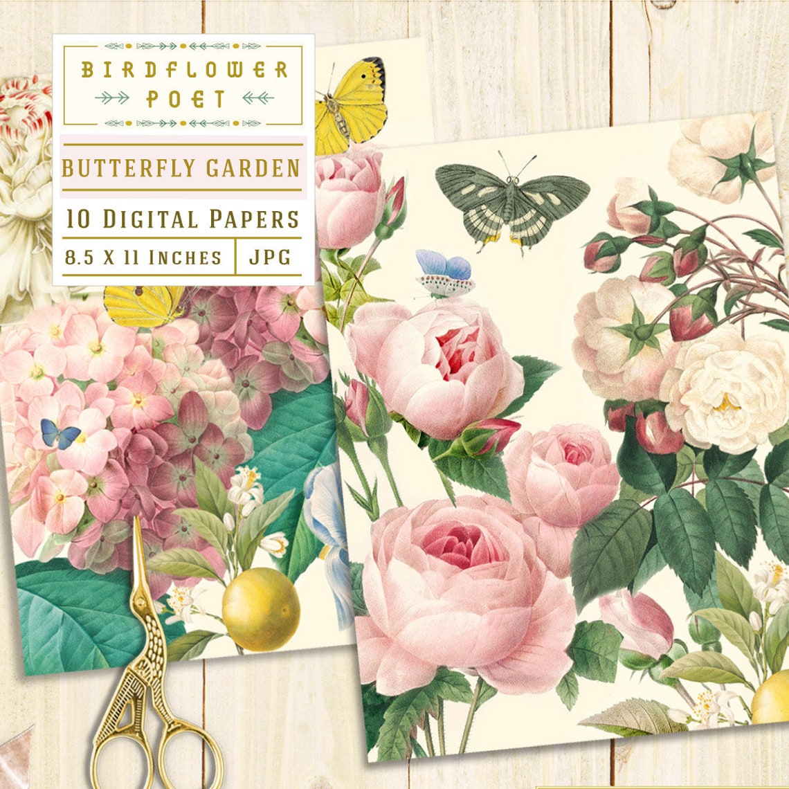 Butterfly Garden Printable Scrapbook Paper, Botanical Digital Papers ...