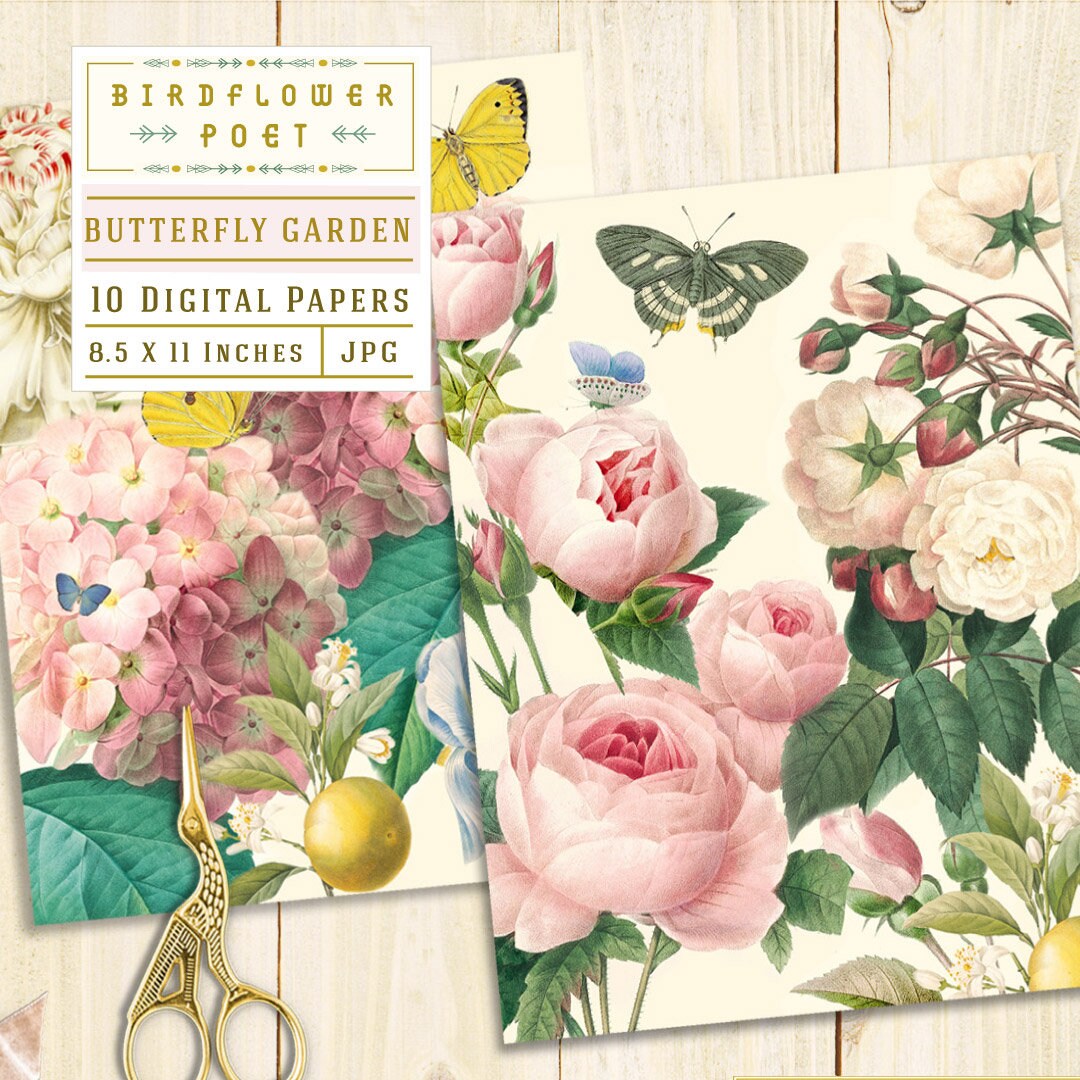Butterfly Garden Printable Scrapbook Paper, Botanical Digital Papers ...