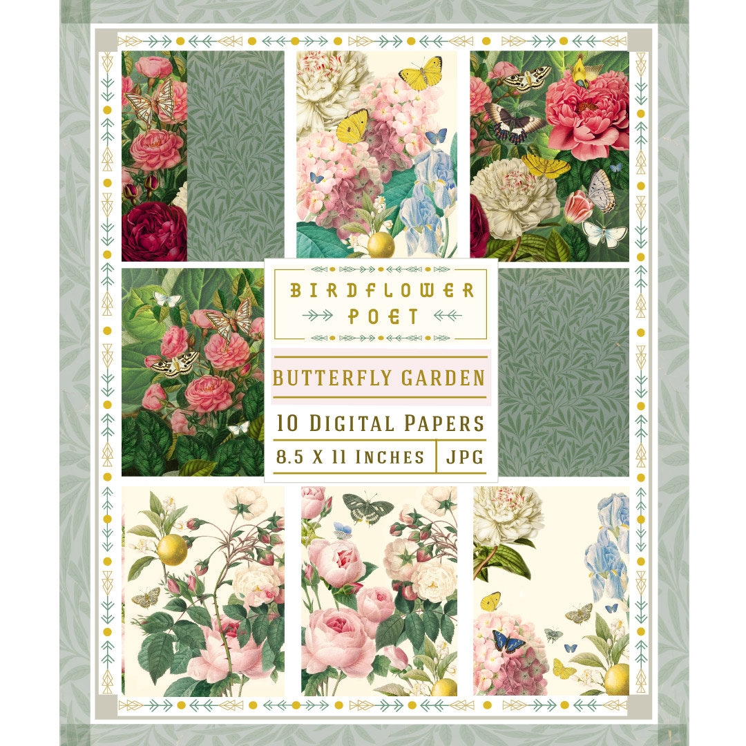Butterfly Garden Printable Scrapbook Paper, Botanical Digital Papers ...