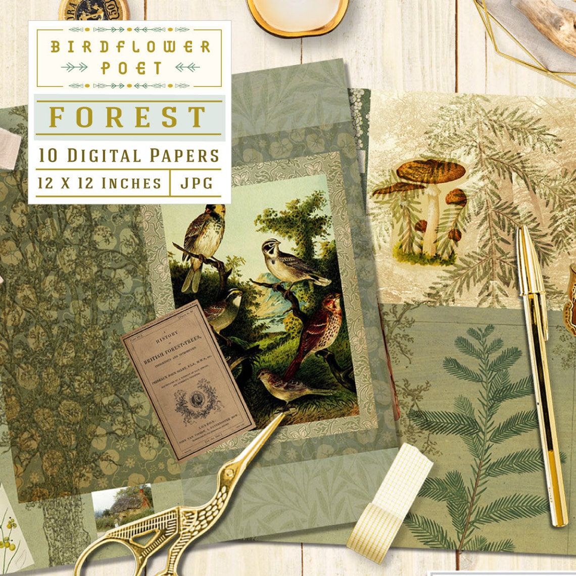 Forest Printable Scrapbook Paper With Leaves, Ferns, Trees, Mushrooms ...