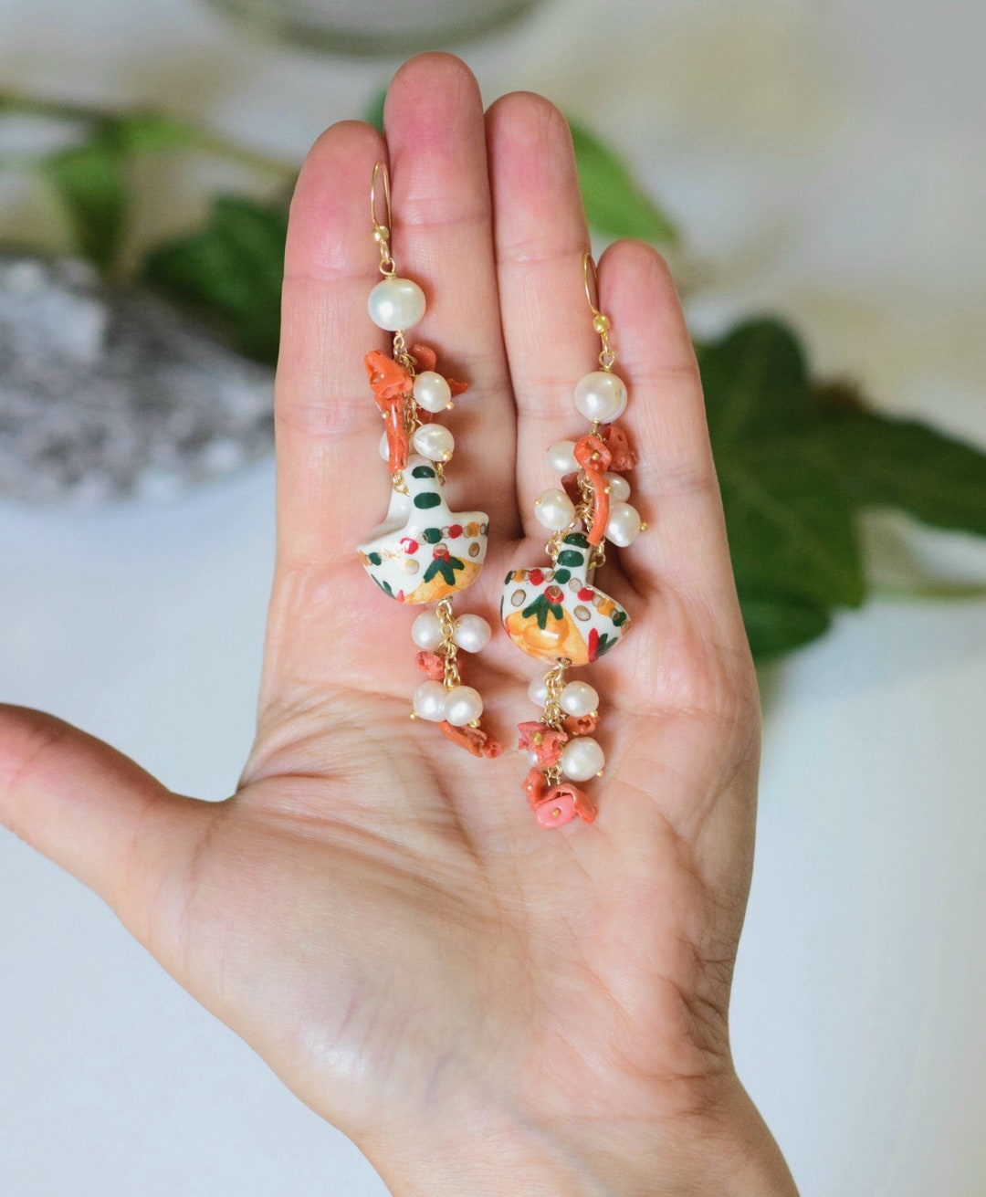 Sicilian Earrings in Caltagirone Ceramic Basket, Natural Pearl and ...