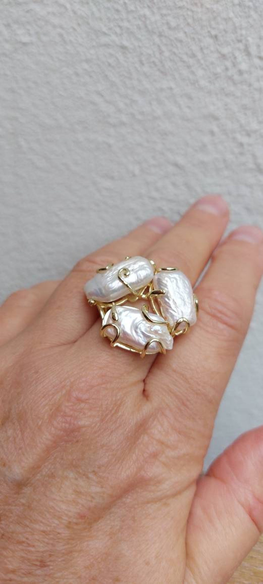 Adjustable Large Rings Real Pearl, Brass Chunky Rings, Oversize Rings ...