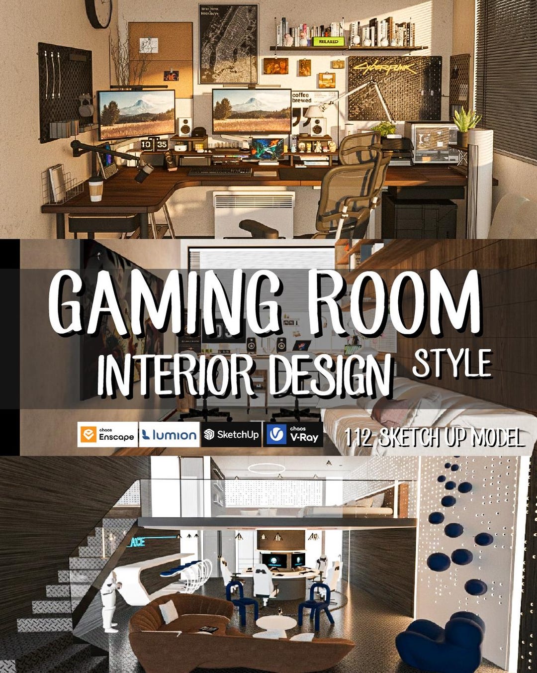 Gaming Room Sketchup Models – 112+ Modern Gamer Interiors (digital ...