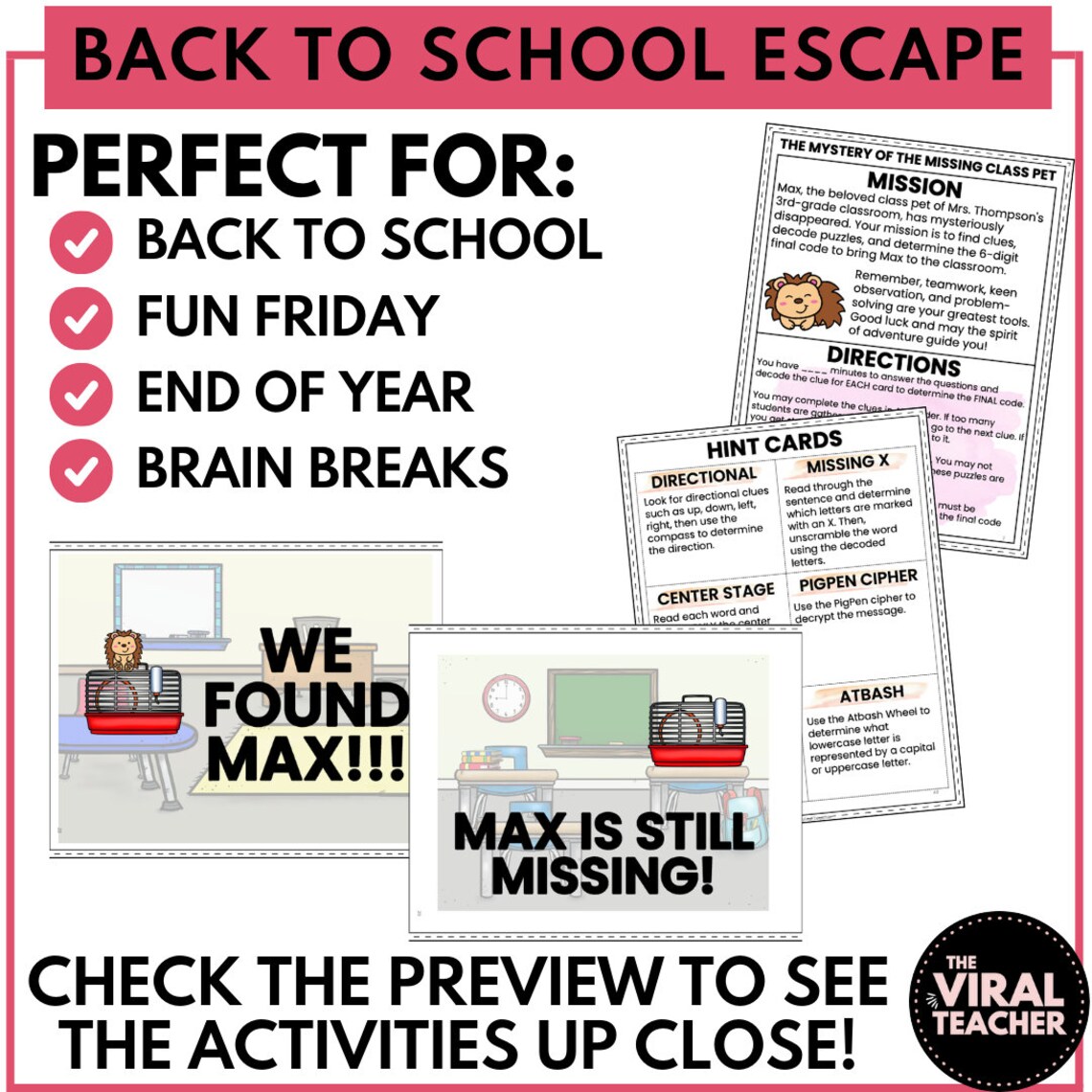 Escape Room for Kids, the Missing Class Pet Kids Printable Puzzle Game ...