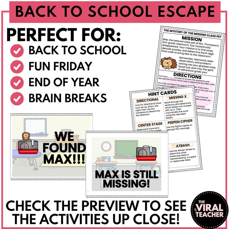 Escape Room for Kids, the Missing Class Pet Kids Printable Puzzle Game ...