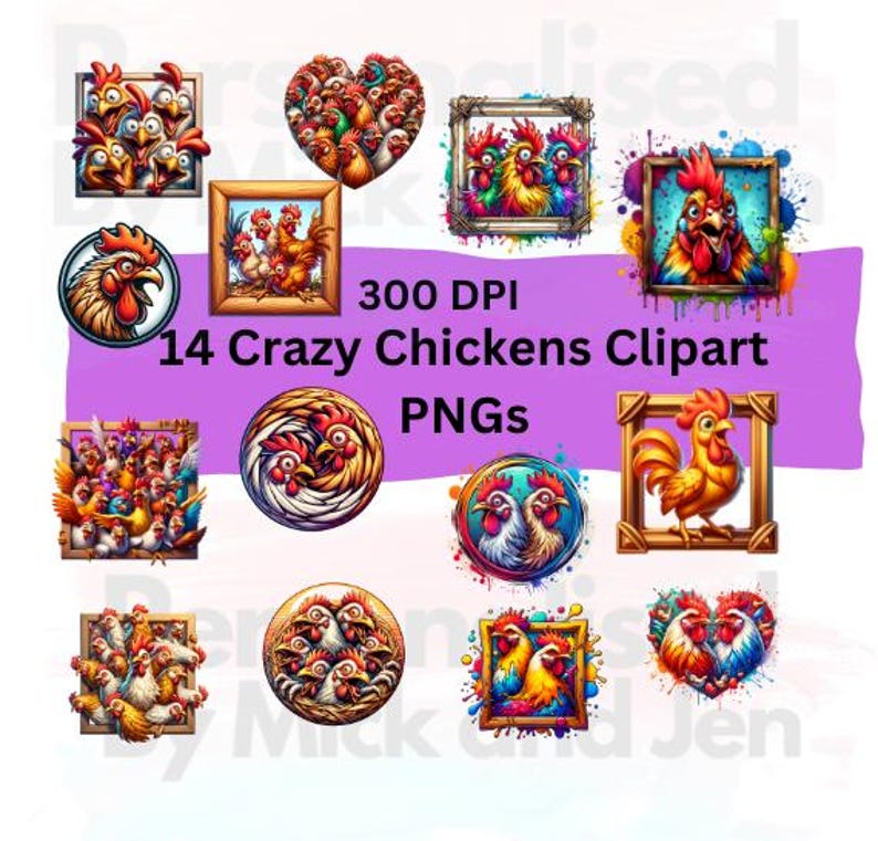 14 Crazy Chickens Clipart Png Bundle 300 DPI - Etsy