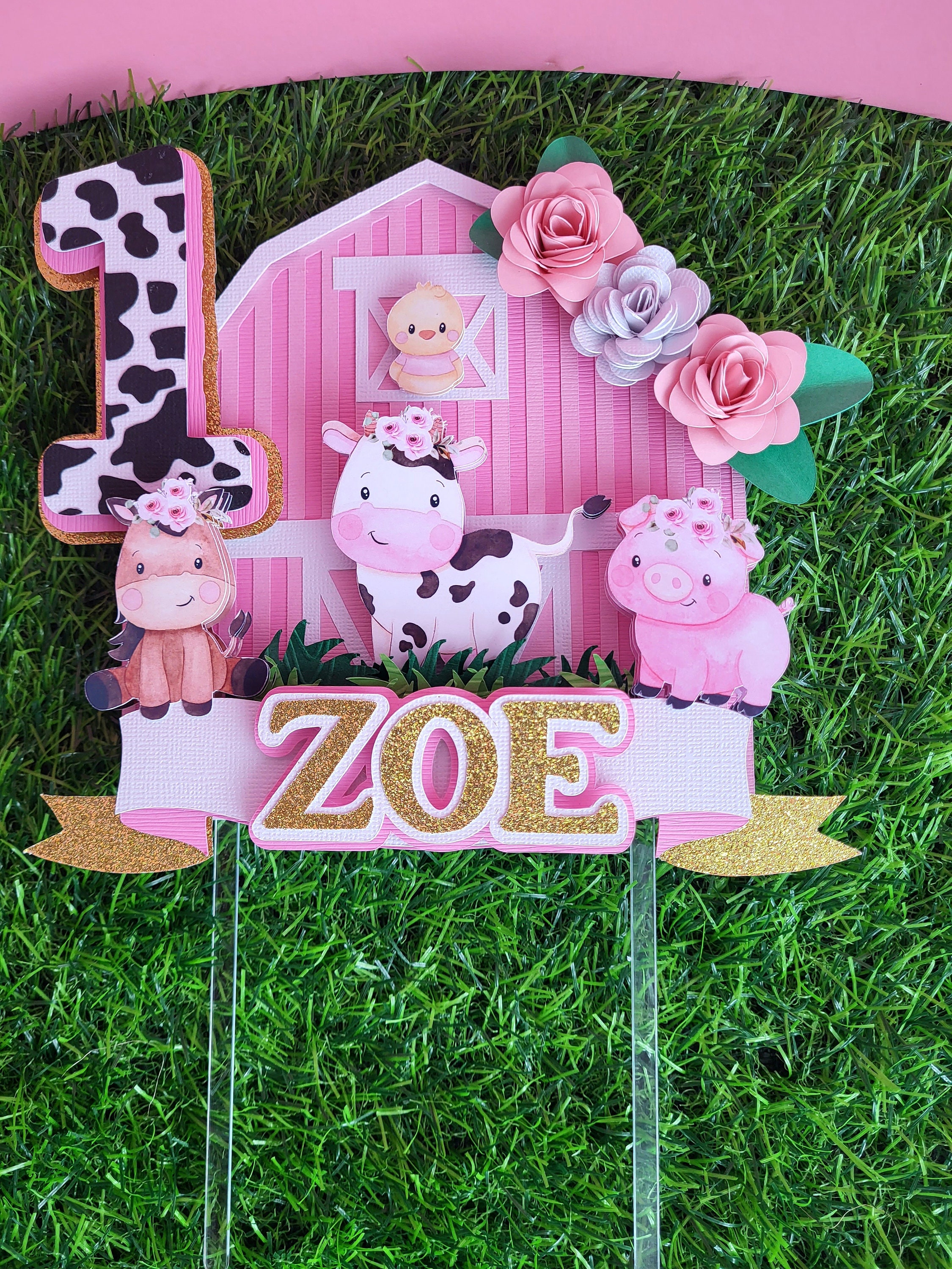 Farm Cake Topper, Pink Farm Cake Topper, Pink Farm Birthday, Farm ...