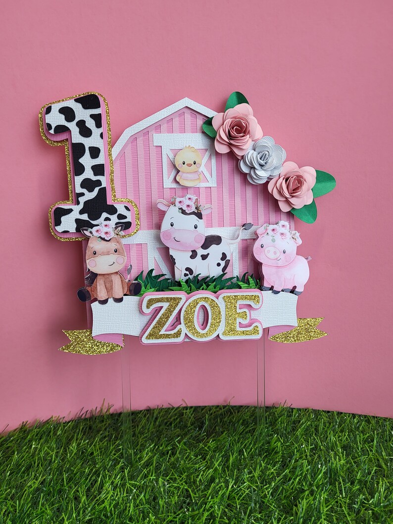 Farm Cake Topper, Pink Farm Cake Topper, Pink Farm Birthday, Farm ...