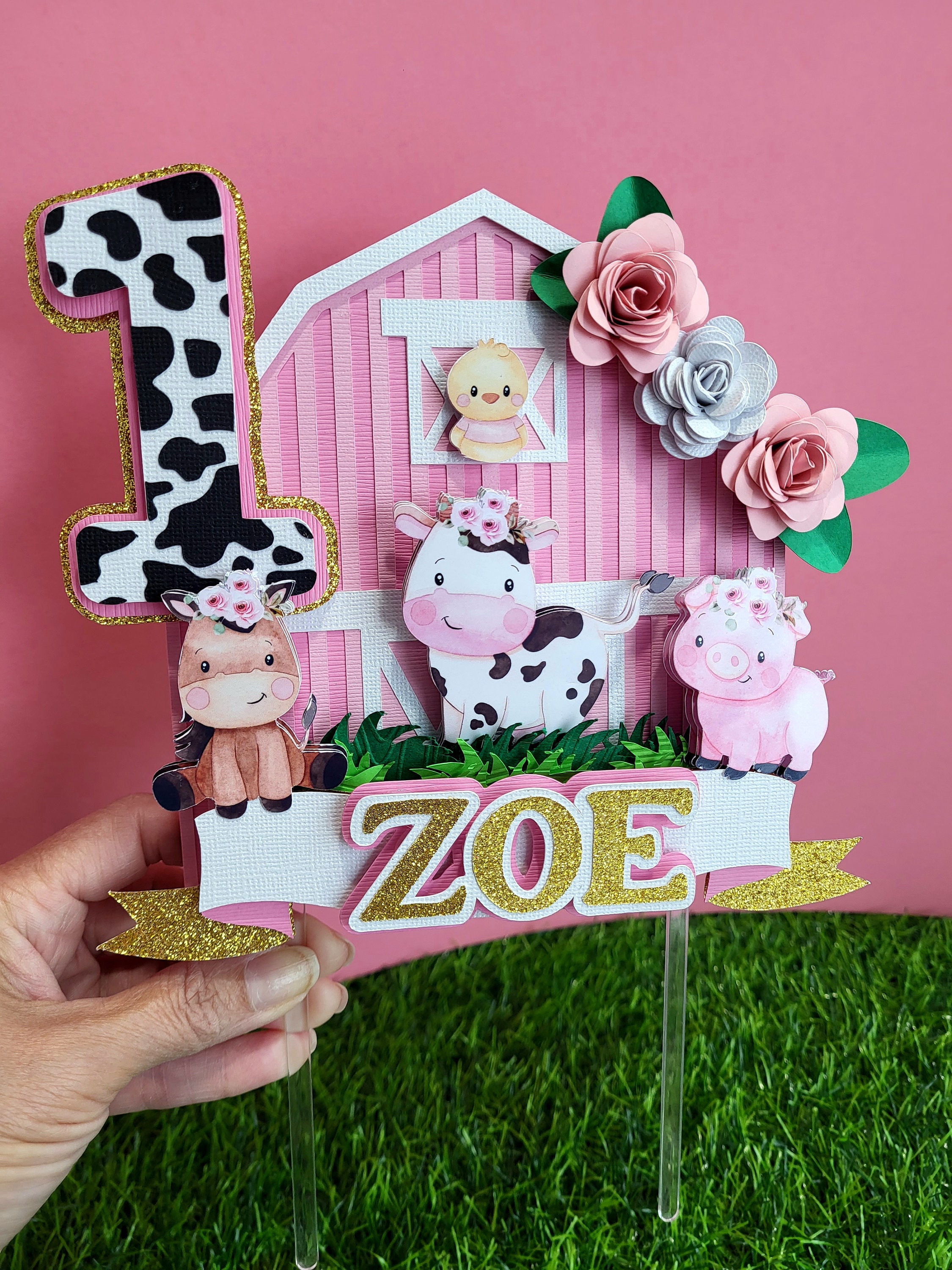 Farm Cake Topper, Pink Farm Cake Topper, Pink Farm Birthday, Farm ...