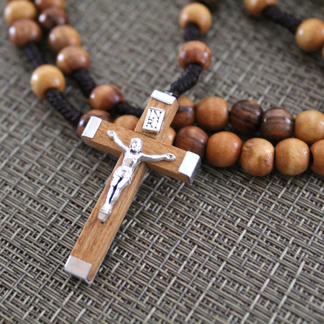 Handmade Olive Wood Rosary Beads 6-7mm Cross Necklace, Holy Land Smooth ...