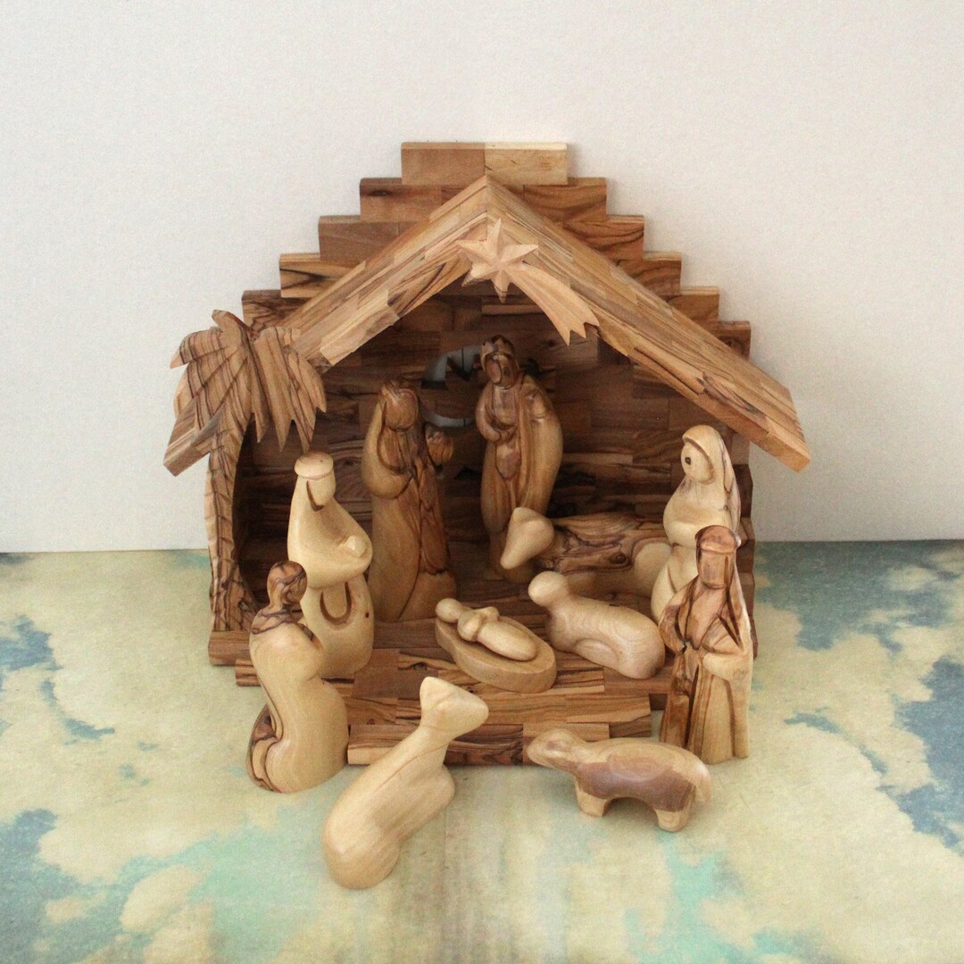 12 Pieces, Handmade Olive Wood Nativity Set Made in the Holy Land, Home ...
