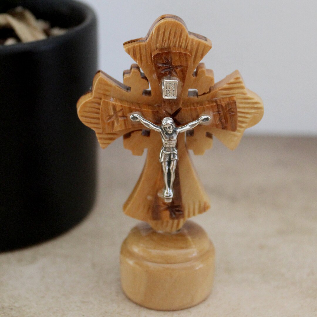 3.5" Standing Handmade Table Cross, Holy Land Olive Wood Table Top ...