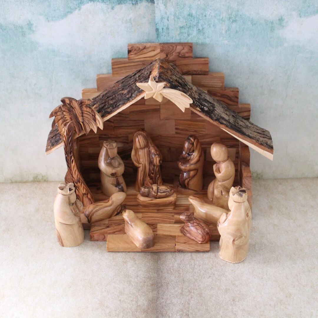 12 Pieces, Handmade Olive Wood Nativity Set Made in the Holy Land, Home ...