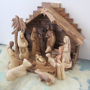 12 Pieces, Handmade Olive Wood Nativity Set Made in the Holy Land, Home ...