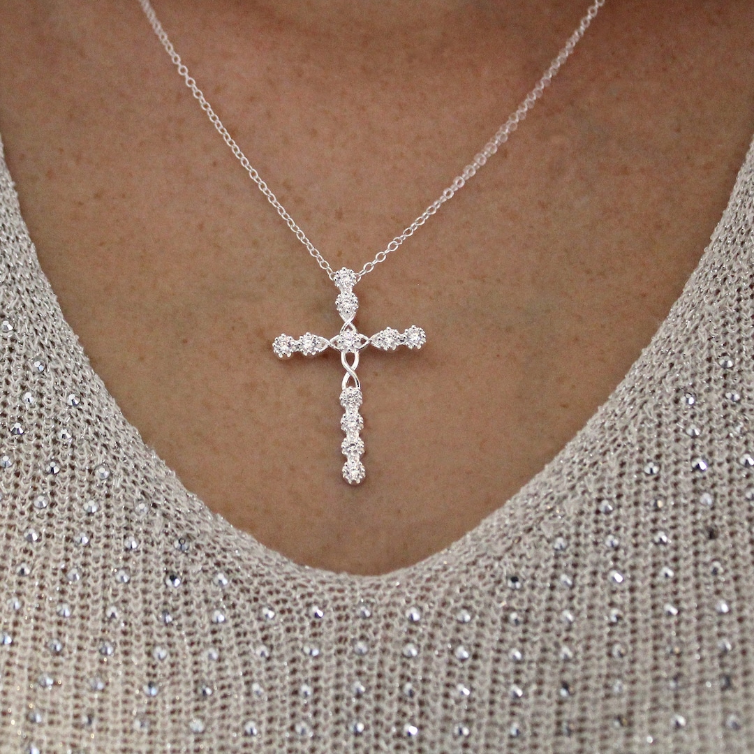 925 Silver Cross Necklace, Religious Jewelry Gift, Crystal Pendant, Women Christian Faith Medium ...