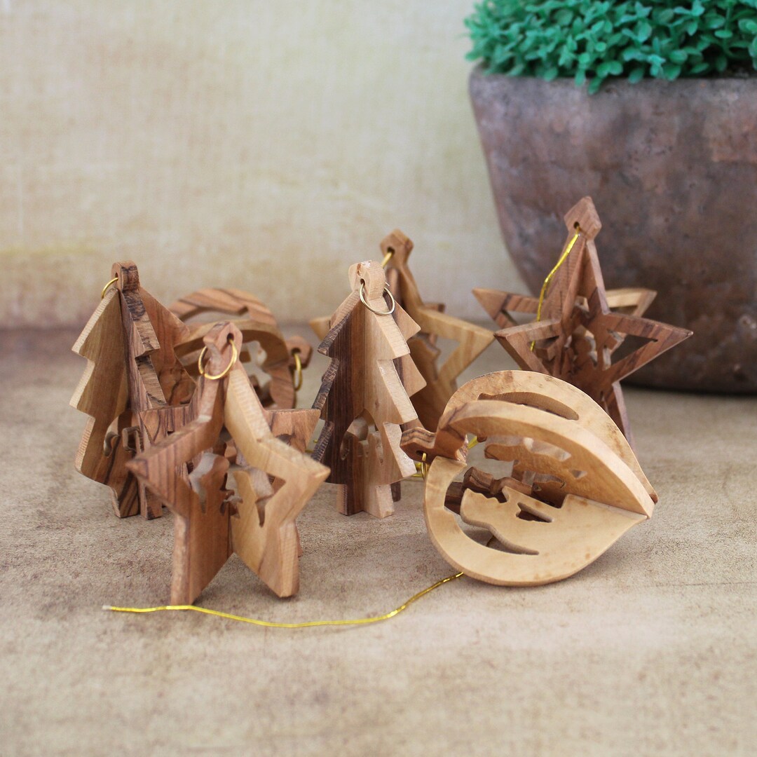 Set of 7 Olive Wood 3D Shape Christmas Tree Ornament, Nativity ...