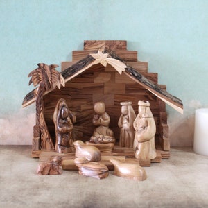12 Pieces, Handmade Olive Wood Nativity Set Made in the Holy Land, Home ...