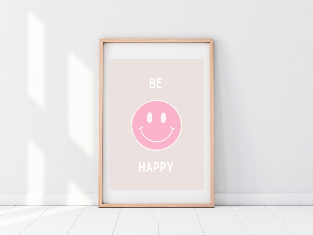 Be Happy Print | Pink Smiley Face Wall Print | Smiley Poster | Pink ...