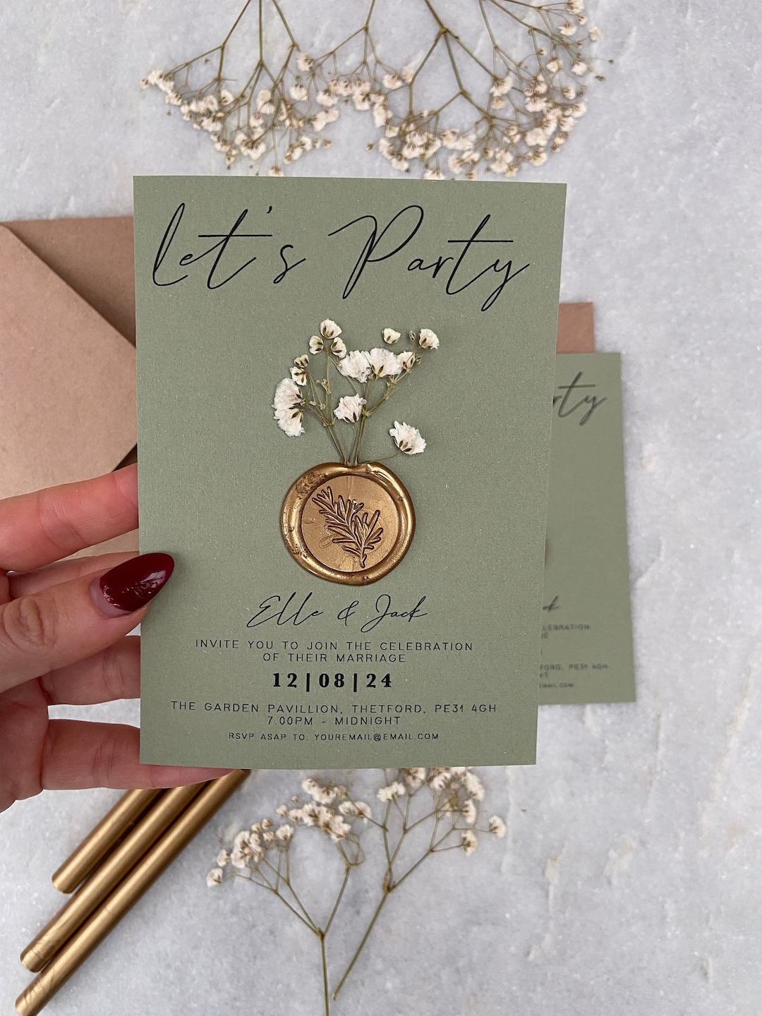 Sage Green and Gold Gypsophila Evening Wedding Invitation With Wax Seal ...