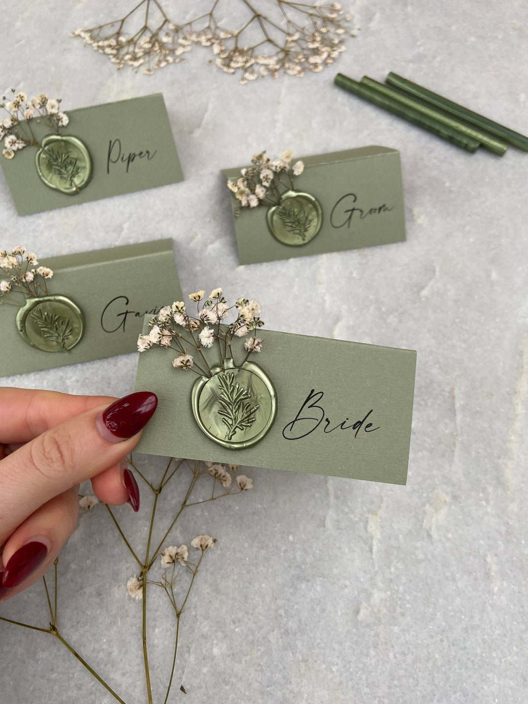 Sage Green Gypsophila Wedding Name Place Cards With Wax Seal - Etsy