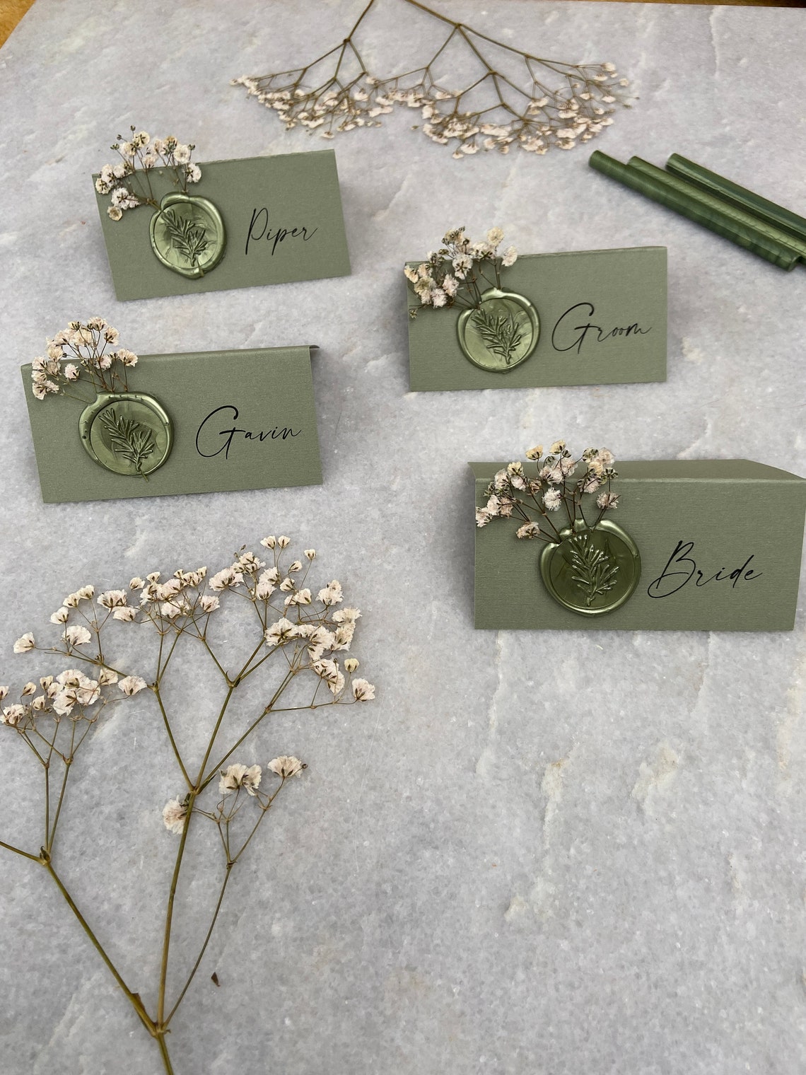 Sage Green Gypsophila Wedding Name Place Cards With Wax Seal - Etsy