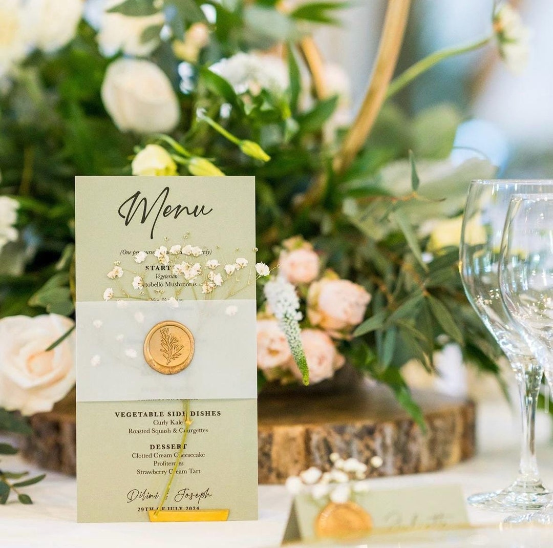 Sage Green Gypsophila Wedding Menu With Gold Wax Seal - Etsy UK