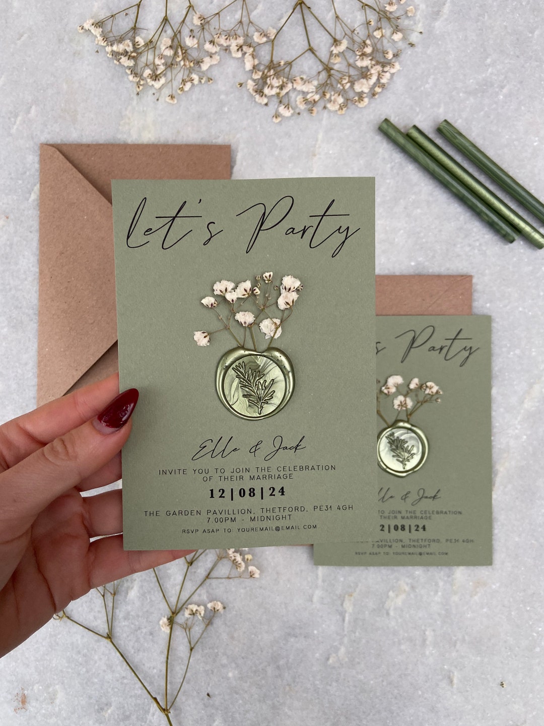 Sage Green Gypsophila Evening Wedding Invitation With Wax Seal - Etsy
