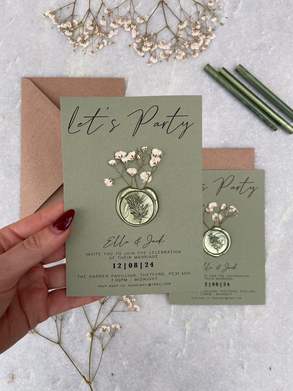 Sage Green Gypsophila Evening Wedding Invitation With Wax Seal Etsy Uk